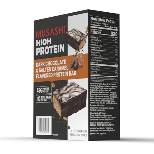 MUSASHI High Protein Bar, 45g Protein, 1g Total Sugars, Dark Chocolate ...