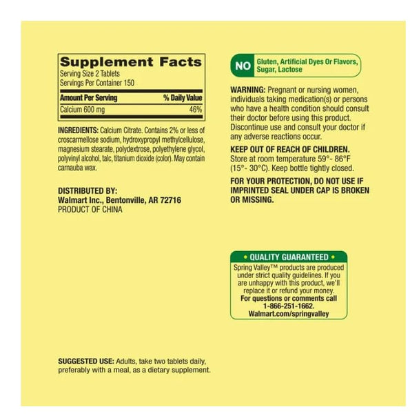 Spring Valley Calcium Citrate Tablets Dietary Supplement 600 Mg 300 Co ...