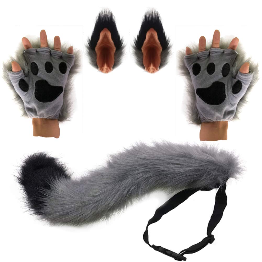 HAOAN Wolf Fox Tail Clip Ears and Gloves Set Halloween Christmas Fancy