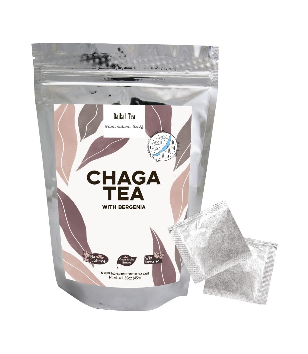 Chaga Tea - 100% Wild Chaga Mushrooms with Bergenia - 30 Unbleached Te