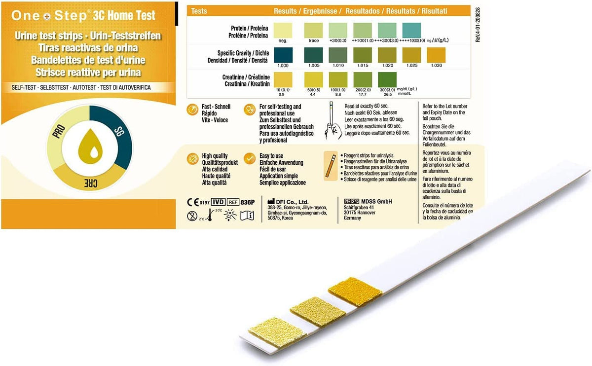 One Step: 4 x Kidney Function Test Strips, Creatinine, Protein and Spe