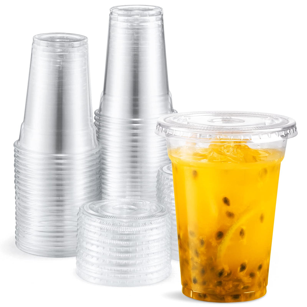 Eupako 9 oz Plastic Cups with Lids 100 Sets, Disposable Clear Cups wit