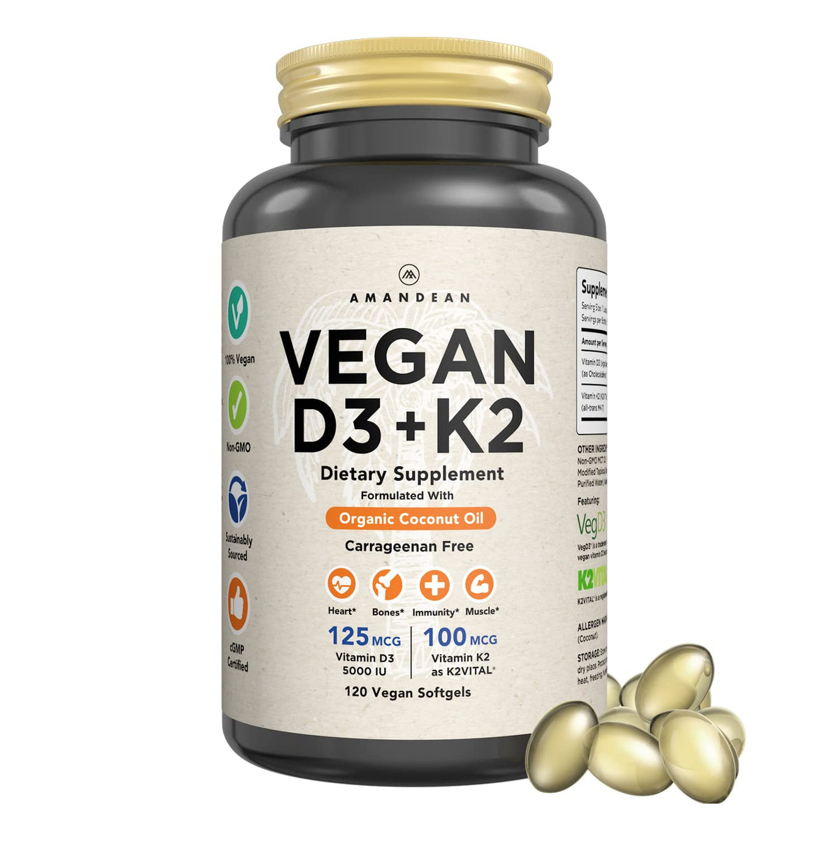 AMANDEAN Vegan Vitamin D3 K2. 5000 iu from Algae. All-Trans MK-7. 120