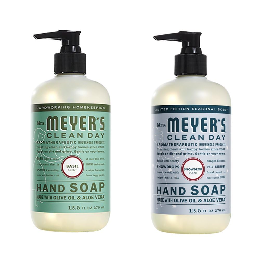 Mrs. Meyer's Liquid Hand Soap Variety, 1 Basil, 1 Snowdrop Hand Soap,