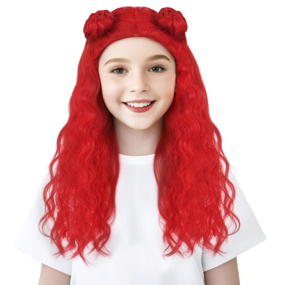 Anogol Red Wig Cosplay Long Curly Red Wig with 2 Buns Red Costume Red