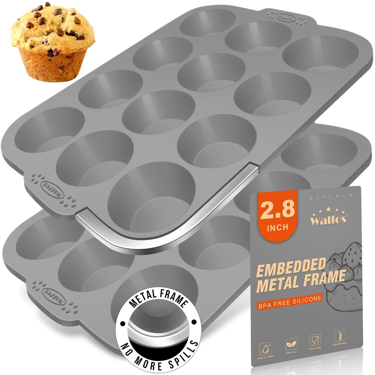 Walfos Silicone Muffin Pan with Metal Frame, 2.8 Inch Regular Size Sil