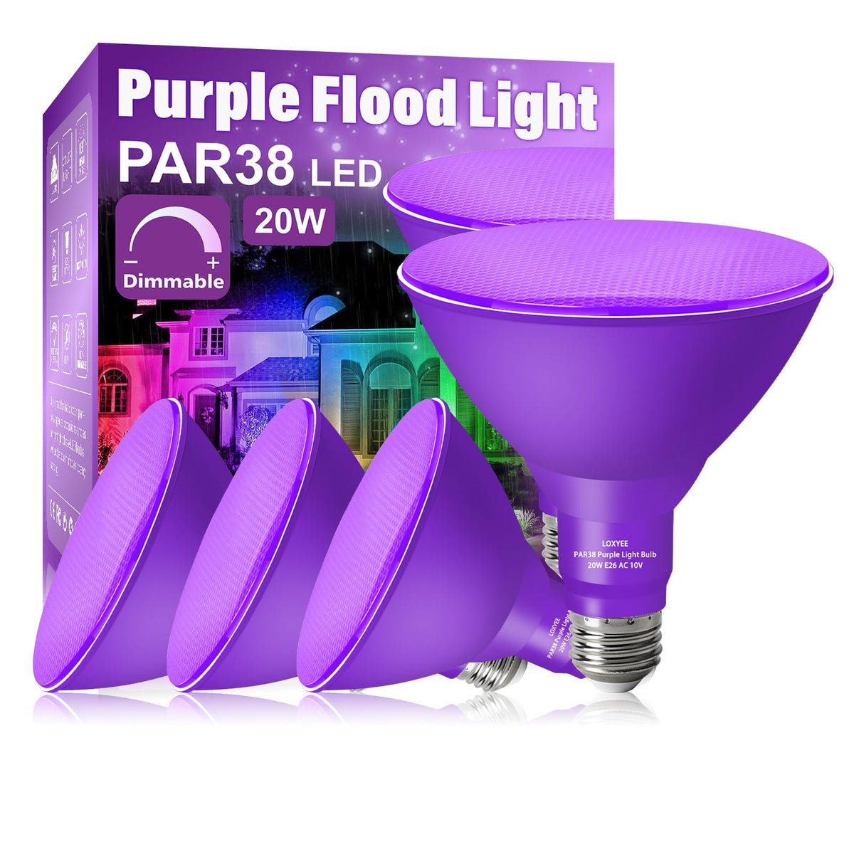 LOXYEE PAR38 Flood Purple Light Bulb,4 Pack-Dimmable,E26 Base Purple F