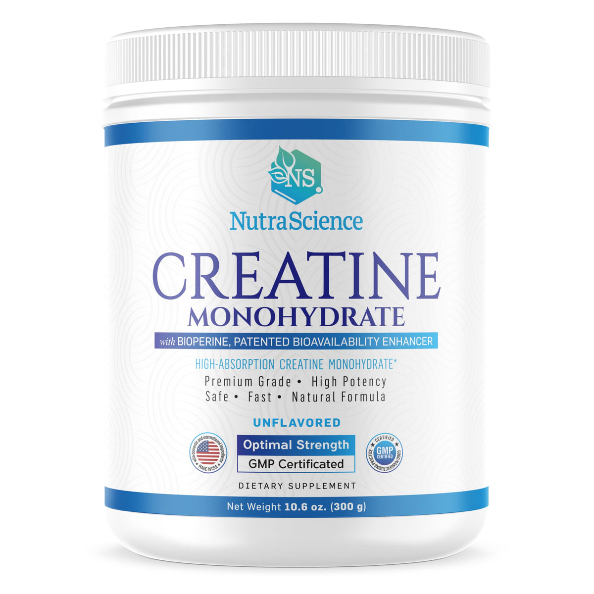 NutraScience Creatine Monohydrate Powder with BioPerine, Supports Lean