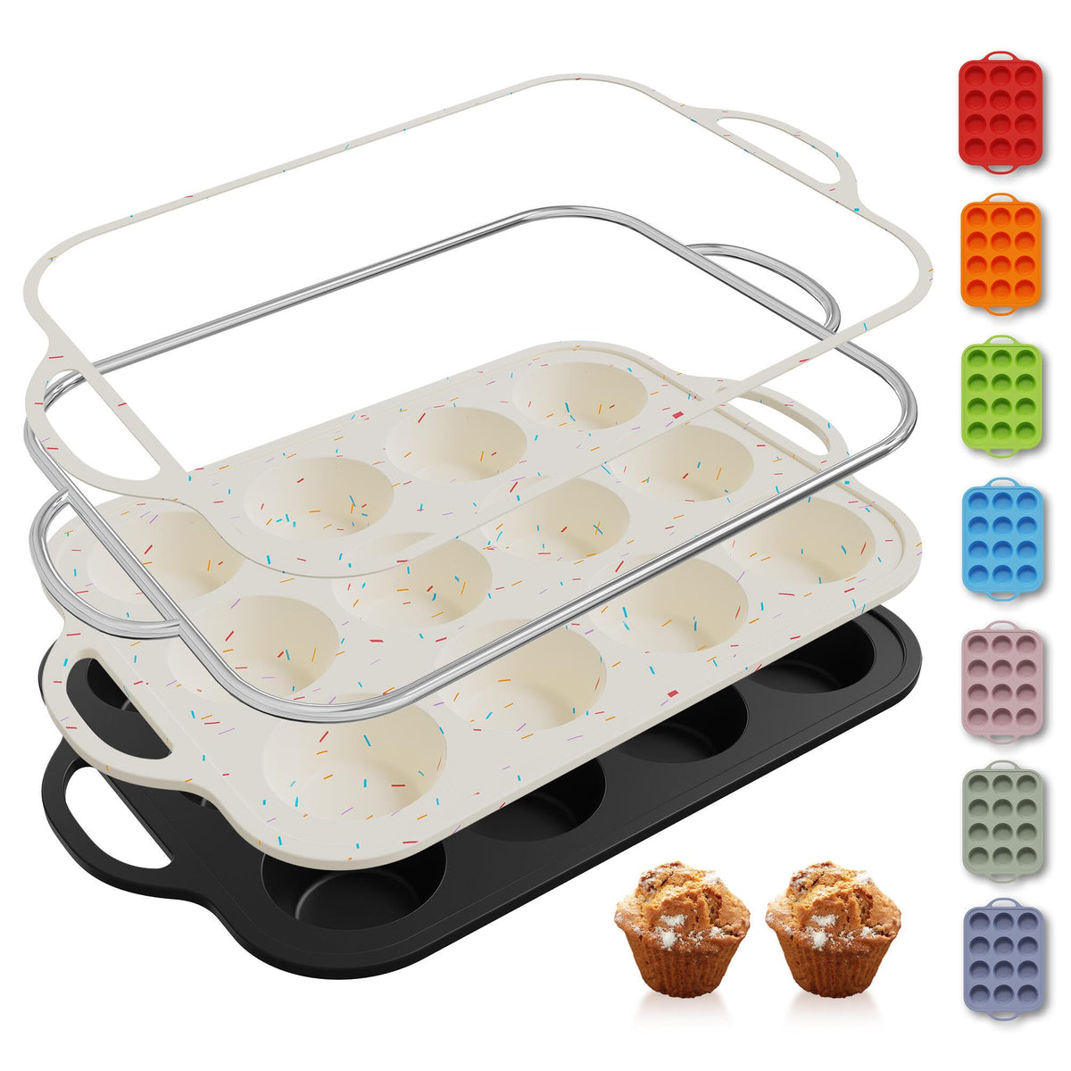 2 Packs 12 Cups Silicone Muffin Pan with Metal Reinforced Frame Regula