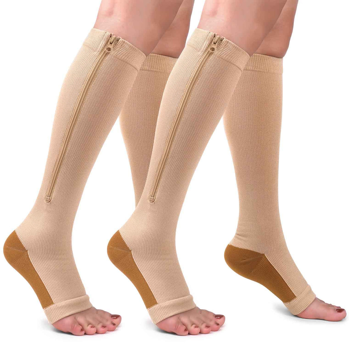 2 Pairs Copper Compression Socks Toe Open Leg Support Stocking Knee Hi ...