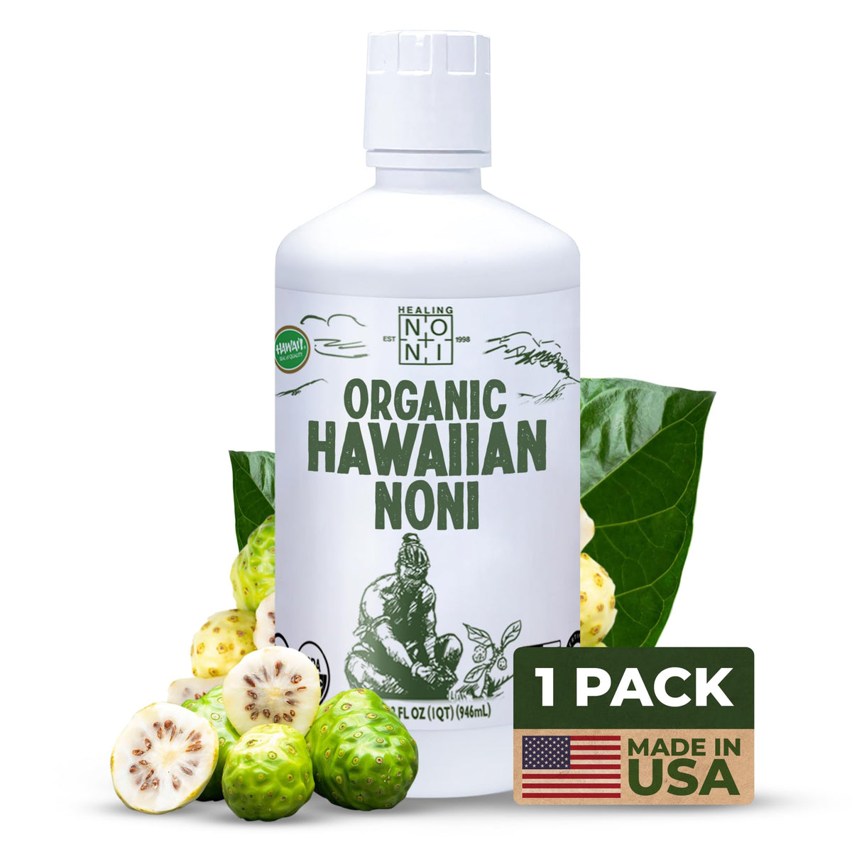 Healing Noni - 1-Pack Plastic Bottle 32oz - 100% Pure Hawaiian Organic