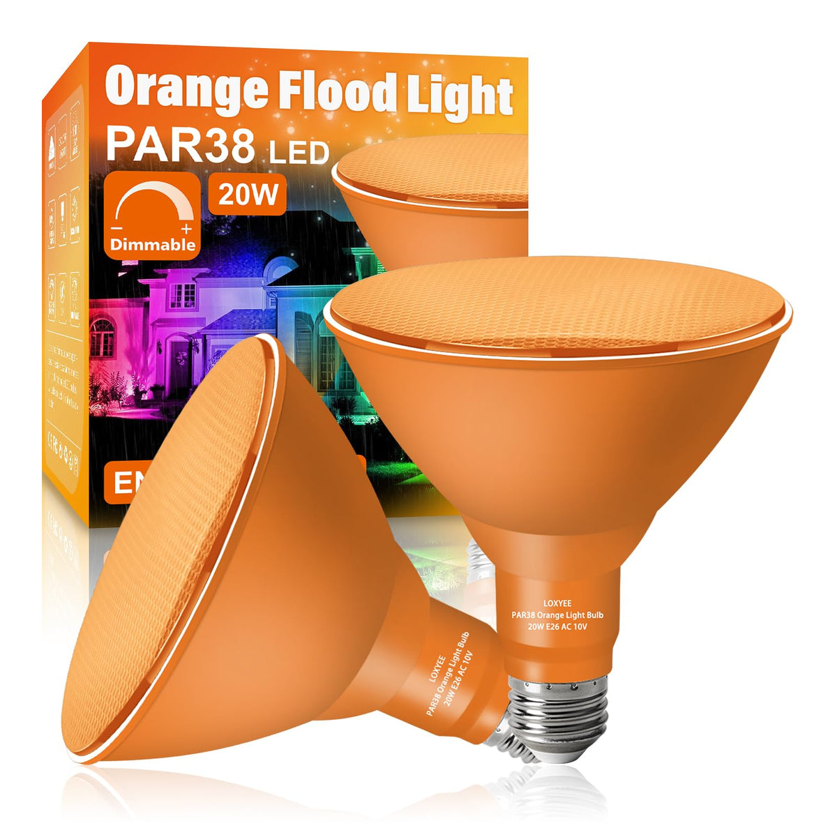 LOXYEE PAR38 Flood Orange Light Bulb,2 Pack-Dimmable,E26 Base Orange F