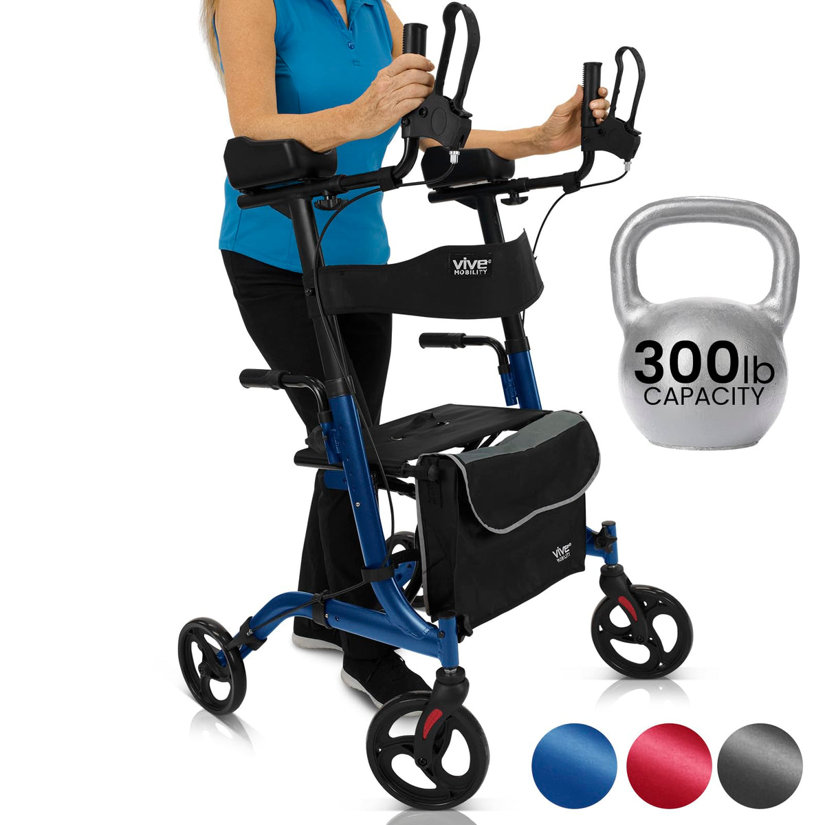 Vive Mobility Upright Walker with Seat - Stand Up Rollator, Arm Rests,