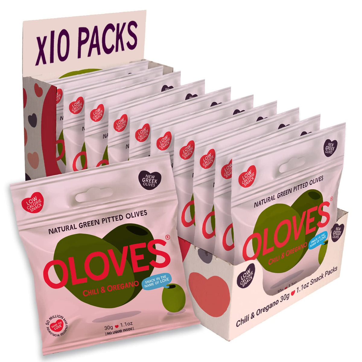 Oloves - Zingy Chili and Oregano, Green Pitted Olives - 10 x 30g Multi