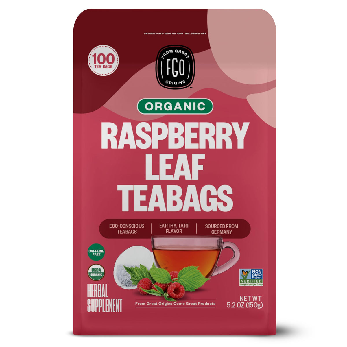 FGO Organic Red Raspberry Leaf Tea Bags, 100 Eco-Conscious Tea Bags, C