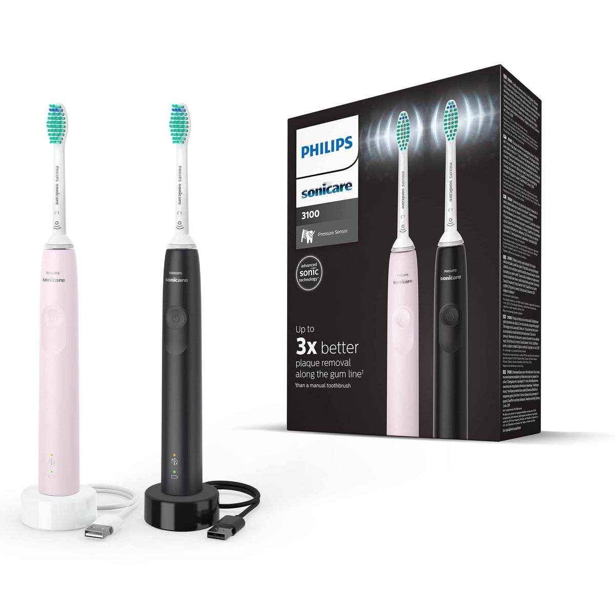 PHILIPS Sonicare 3100 Series Sonic Electric Toothbrush (Dual Pack) wit