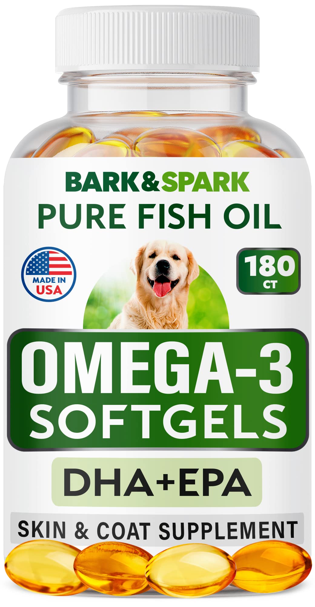 BARK&SPARK Omega 3 for Dogs - 180 Fish Oil Softgels for Dog Shedding,