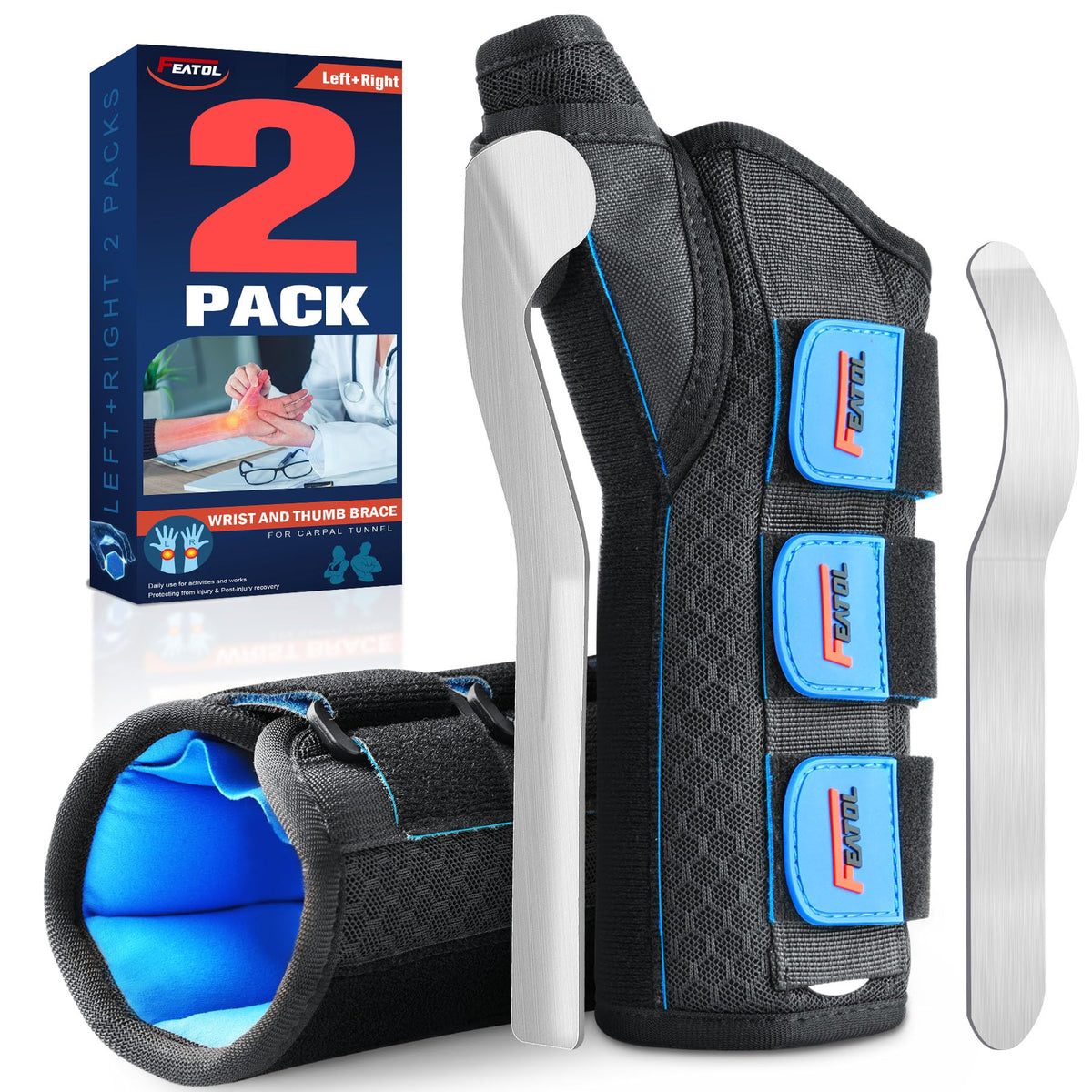 FEATOL 2 Pack Wrist Brace with Thumb Spica Splint for Dequervains Tend