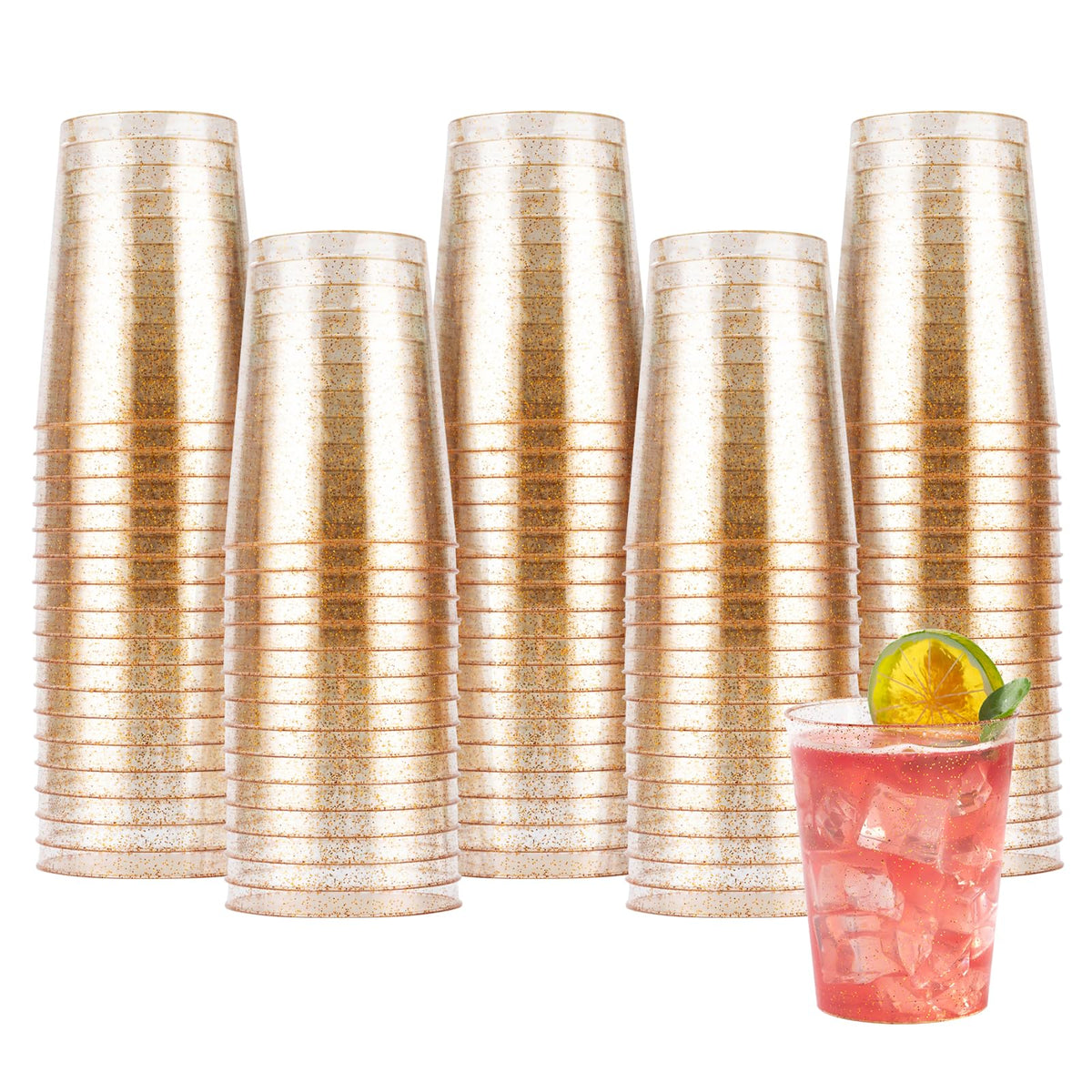 100PCS 10oz Gold Glitter Plastic Cups for Party, Disposable Gold Plast