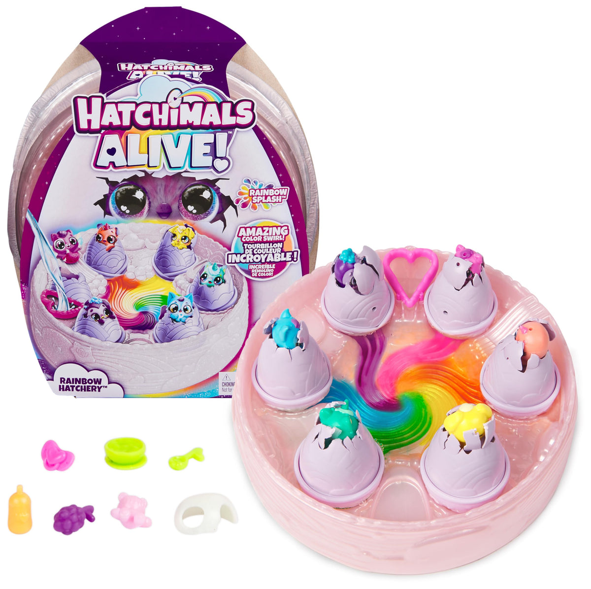 Hatchimals Alive, Rainbow Hatchery Toy with 6 Mini Figures in Color Re