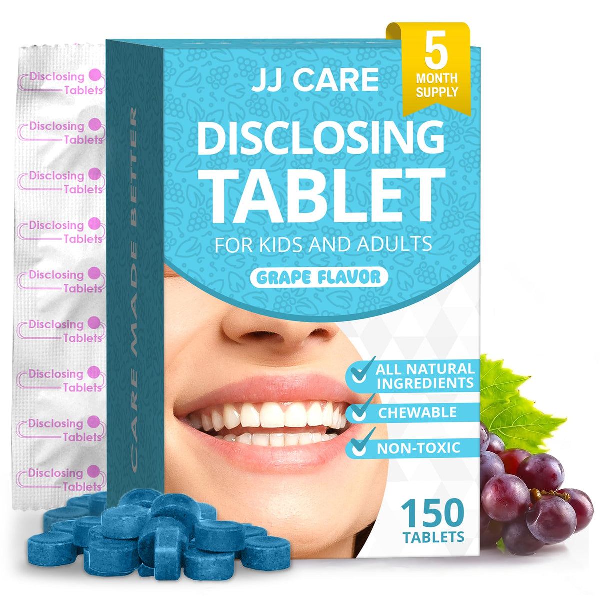 JJ Care Plaque Disclosing Tablets for Teeth - 150 Count Grape Flavored