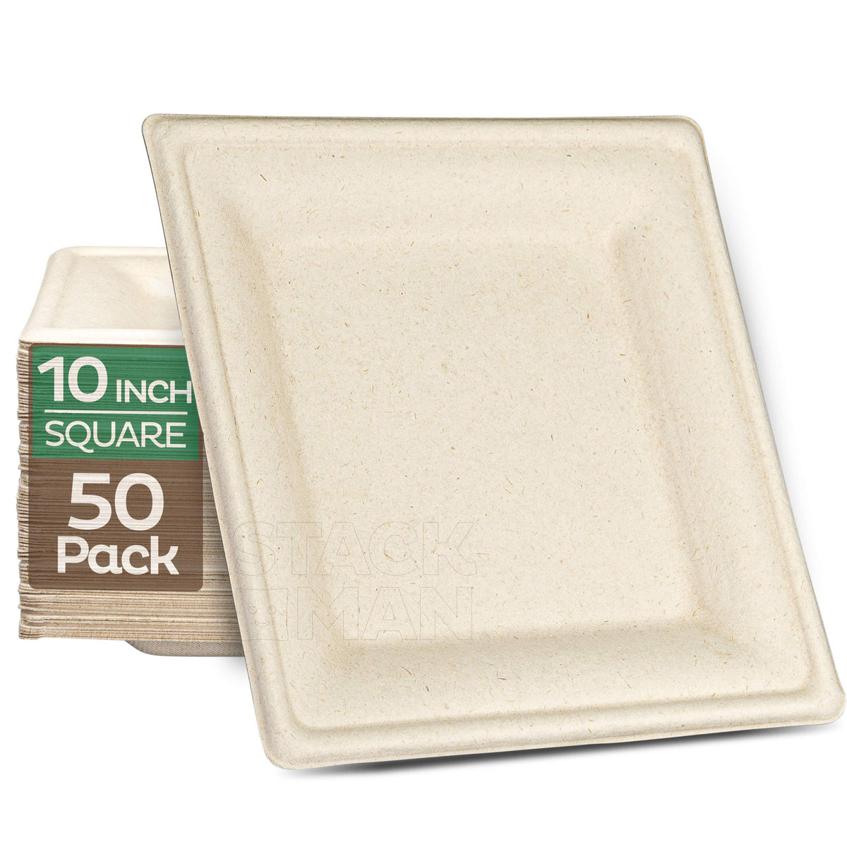 100% Compostable Square Paper Plates [50-Pack] - {PFAS-Free} - {BPI Ce