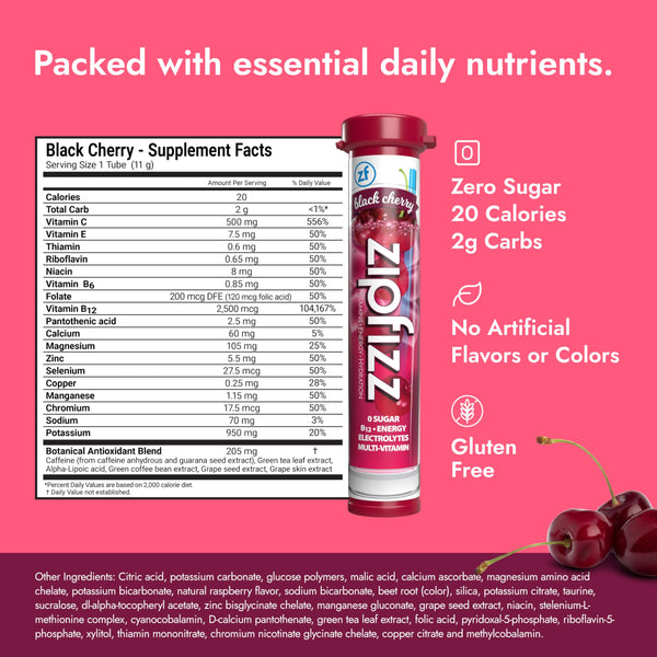 Zipfizz Daily Energy Drink Powder, Black Cherry, 20 Pack 3-in-1 Sustai ...