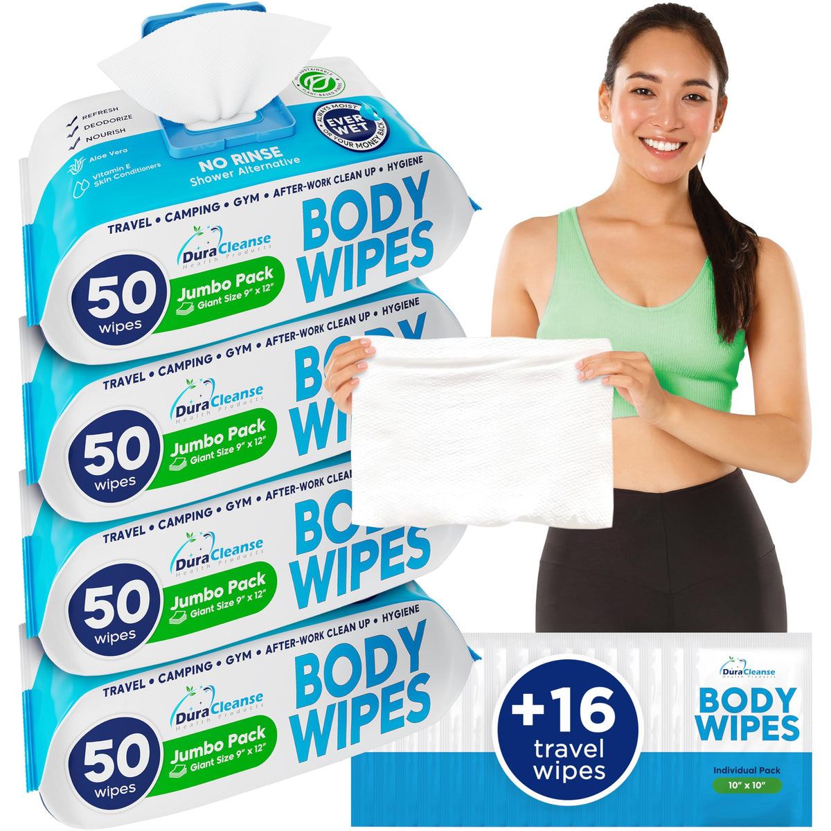 XL Body Wipes - (4 Pack) 200 Shower Wipes + 16 Travel Bath Wipes - 9"