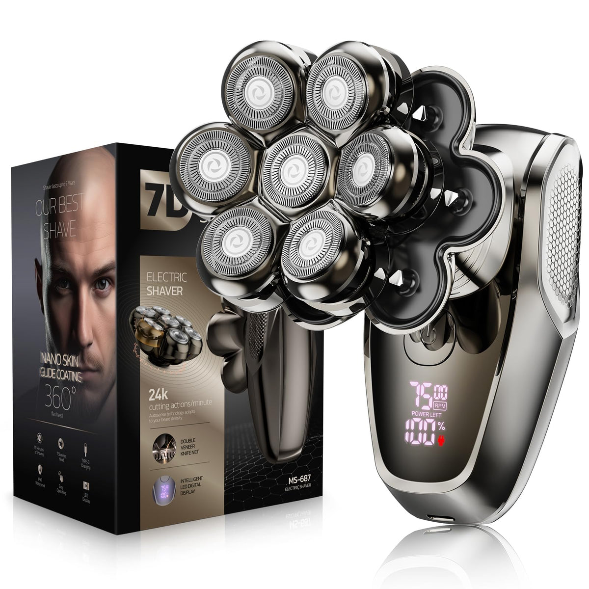 SHPAVVER 7D Head Shavers for Bald Men, Detachable Head Shaver LED Disp