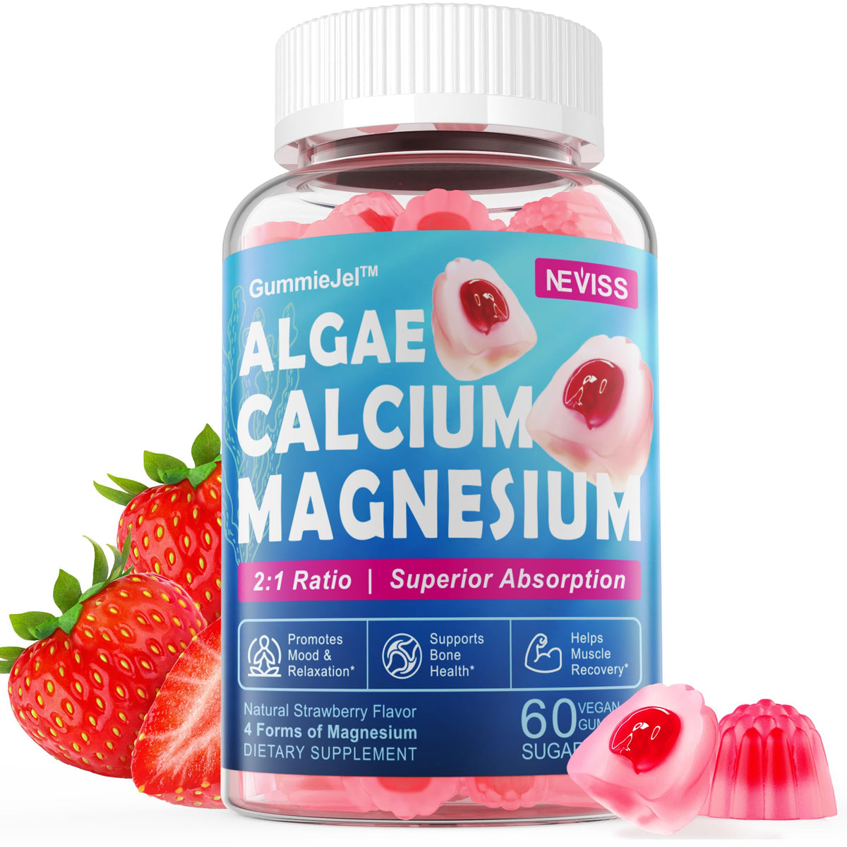 Calcium Supplement Gummy - Bone Strength with Algae Calcium 600mg, Mag