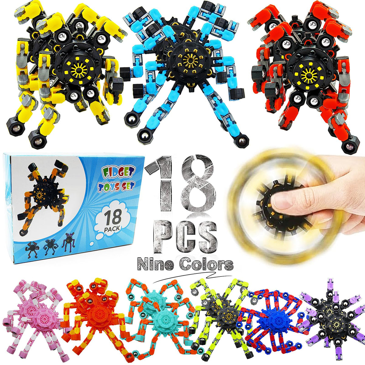 Transformable Fidget Spinners,18Pcs Funny Sensory Fidget Toys Deformab