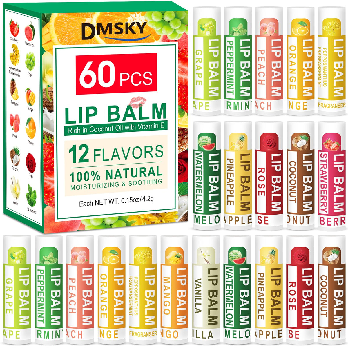 DMSKY 60 Pack Lip Balm, Natural Lip Balm Bulk with Vitamin E and Cocon