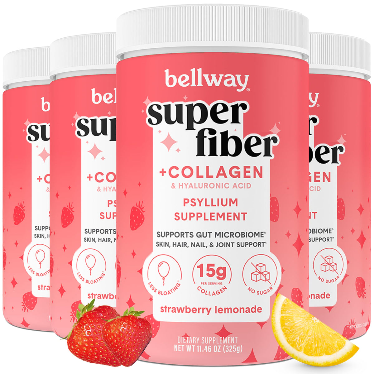 Bellway Super Fiber Powder + Collagen (4 Pack), Sugar-Free Psyllium Hu