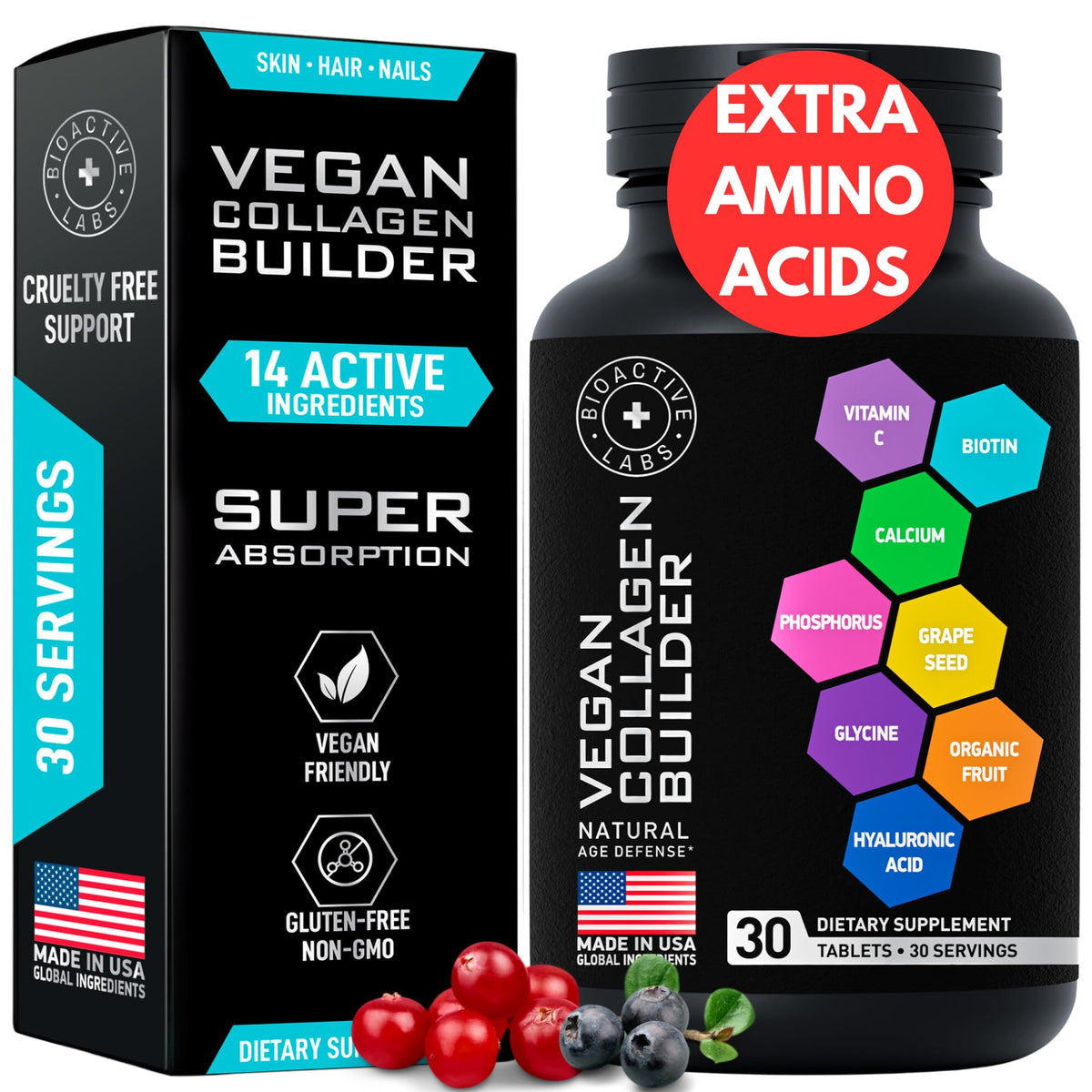 BIOACTIVE LABS Vegan Collagen Supplements for Women - 30 Plant Based C