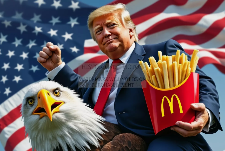 PRESIDENT DONALD TRUMP RIDING BALD EAGLE HOLDING MCDONALDS FRIES 4X6 P ...
