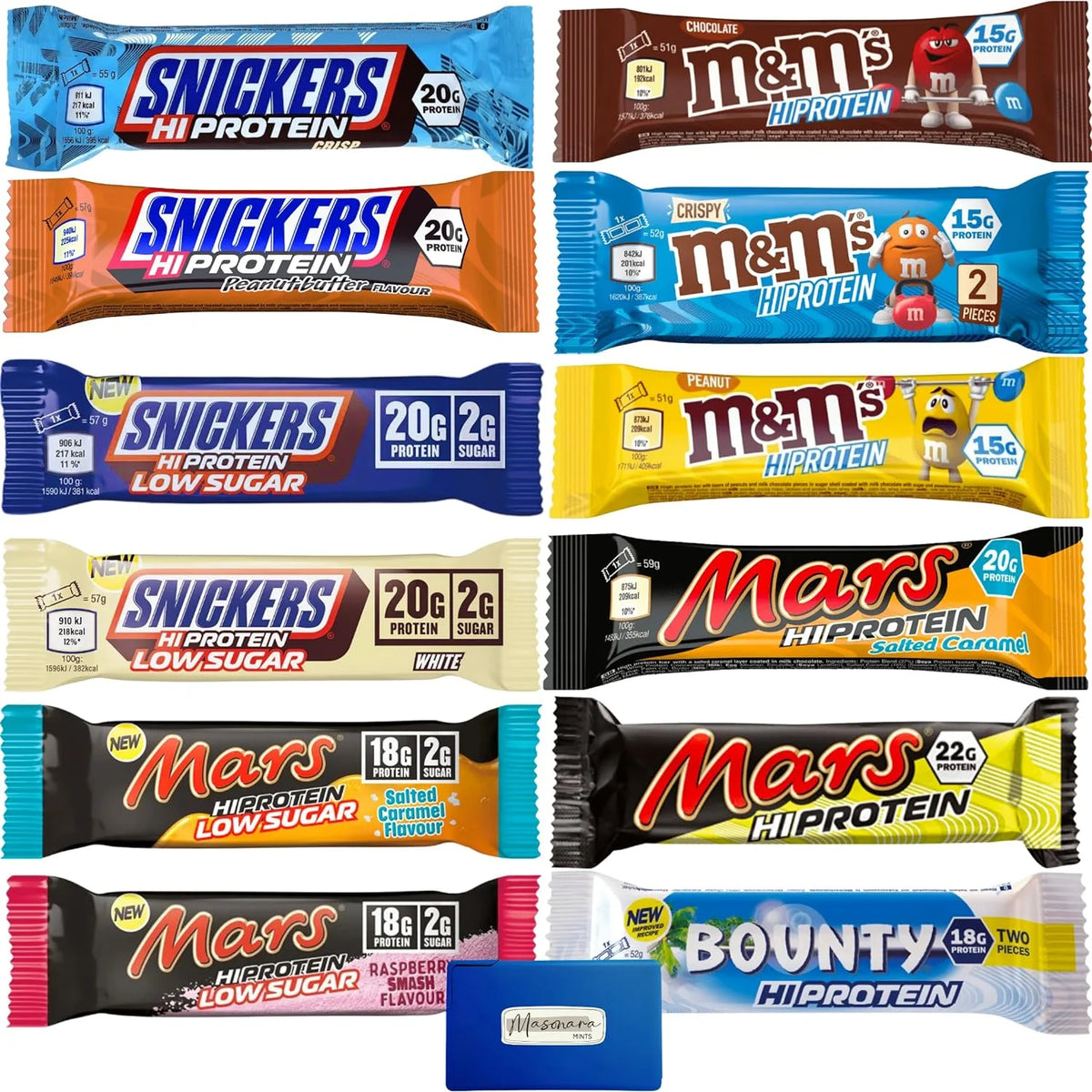 JLKSnickers, Mars, M&Ms Hi Protein Bars Variety 12 Pack - Bundled with