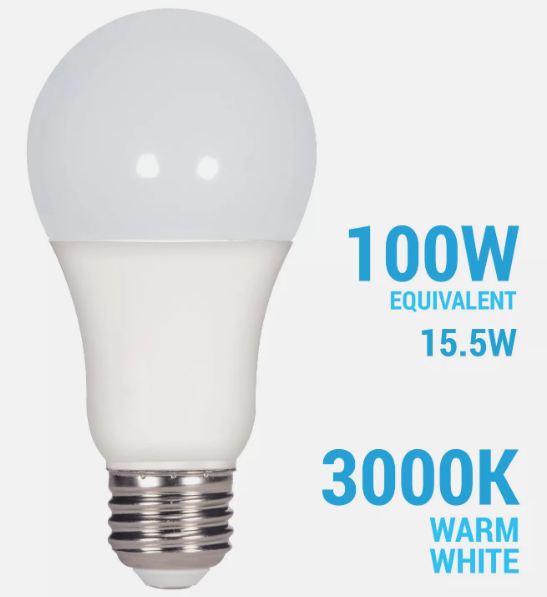15.5W =100W Non-Dimmable 1600 Lumen A19 LED 30K Warm White Frosted E26