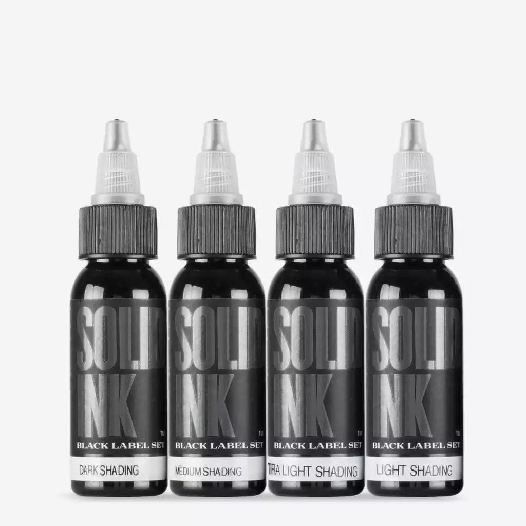 SOLID INK Black Label Organic Tattoo Ink Grey Wash Shading 4 Bottles S