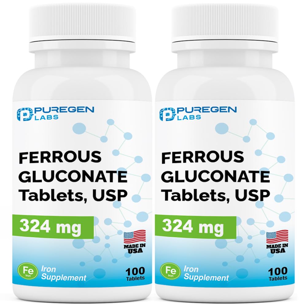 Puregen Labs Ferrous Gluconate 324 mg [High Potency] Iron Supplement,