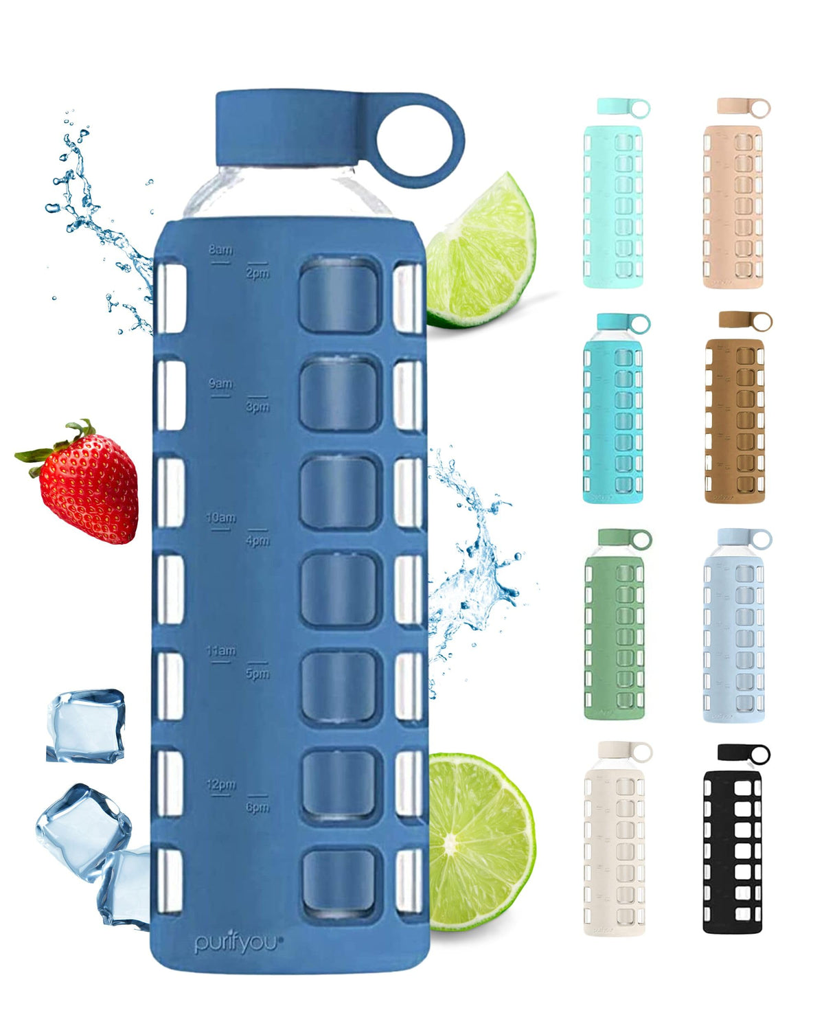 purifyou Premium 40/32 / 22/12 oz Glass Water Bottles with Volume & Ti