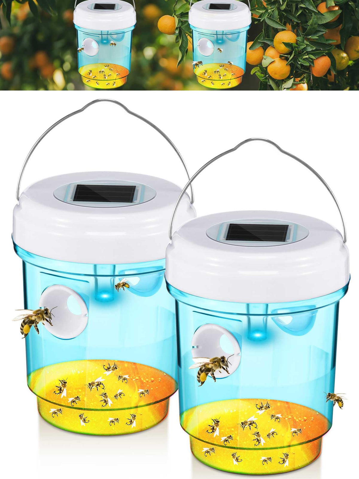 2 Pack Wasp Traps Outdoor Hanging Fly Traps with UV LED Light Solar Po