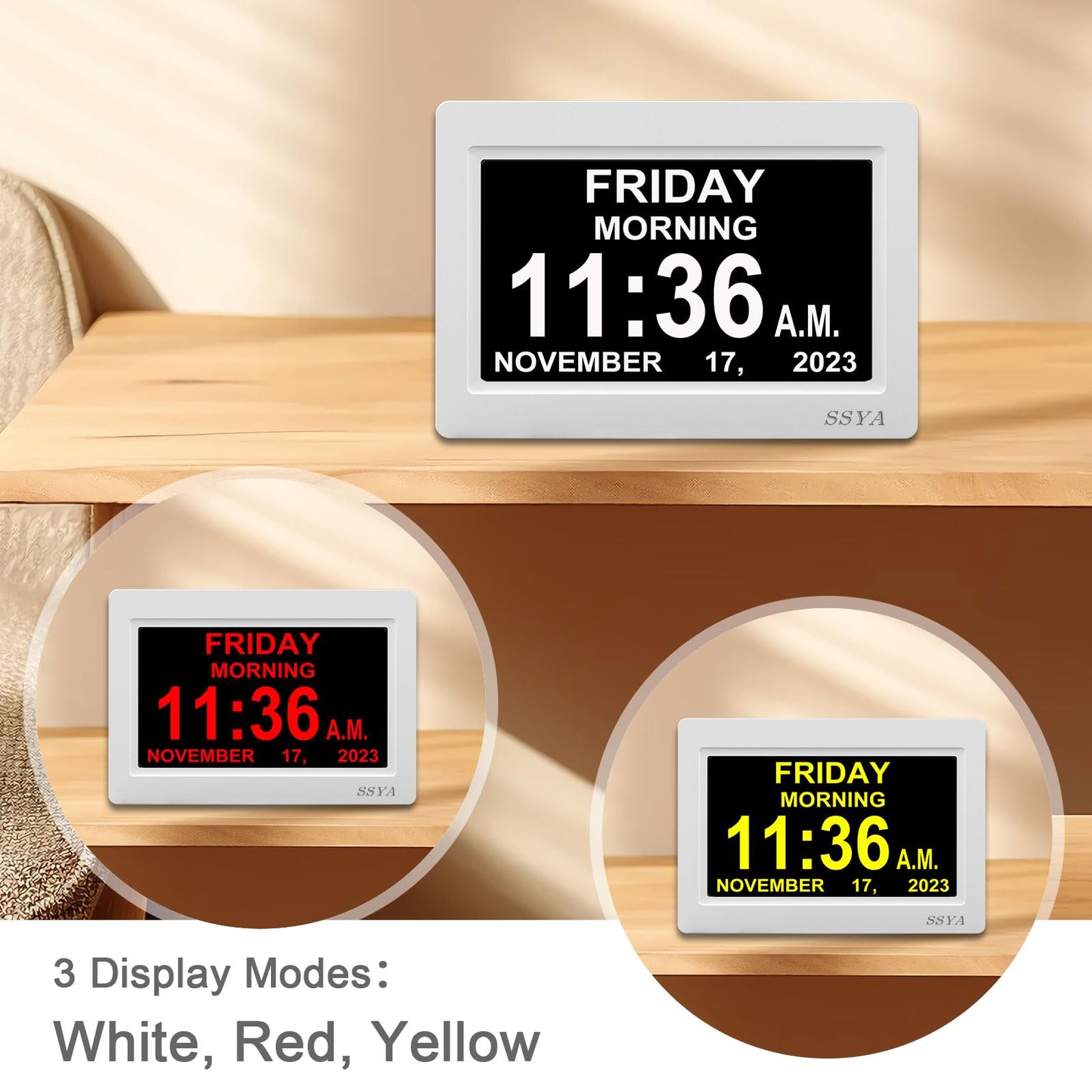 SSYA Digital Calendar Alarm Clock - Dementia Clocks for Vision Impaire