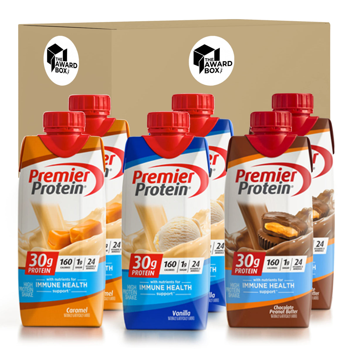 The Award Box Assortment of Premier Protein Shakes Caramel, Vanilla, C
