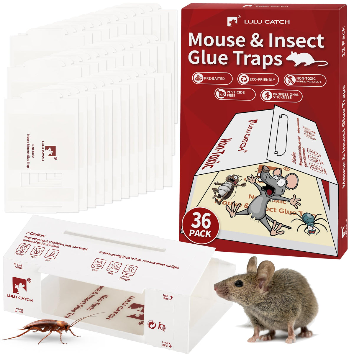 LULUCATCH Sticky Mouse Traps, 36 Pack Pre-baited Glue Traps, Foldable