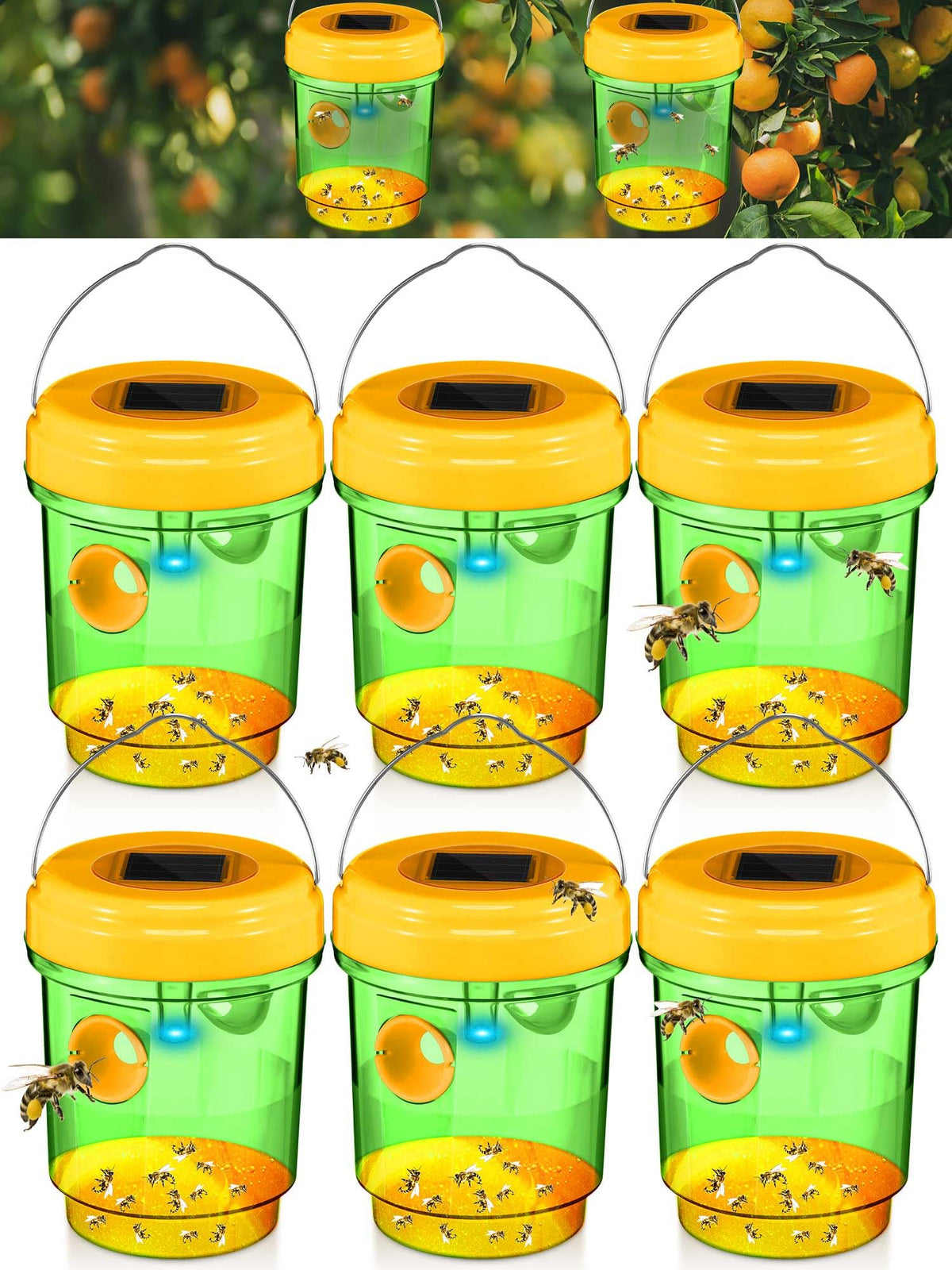 6 Pack Wasp Traps Outdoor Hanging Fly Traps with UV LED Light Solar Po