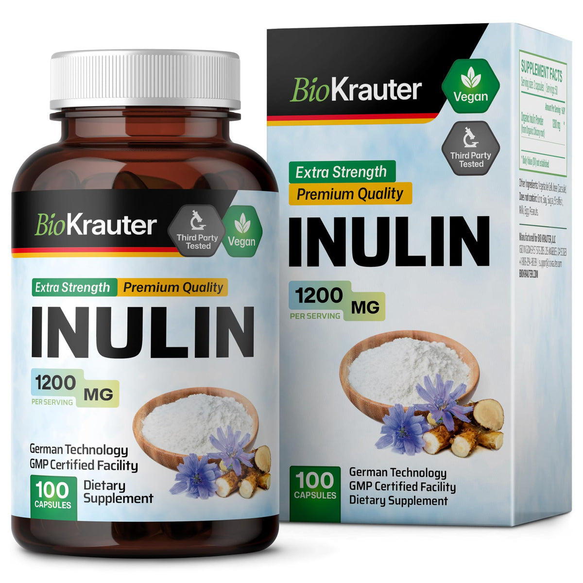 Inulin Powder Capsules - Organic Fiber Supplement - 1200mg Chicory Roo